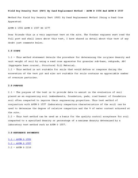1 Field Dry Density Test Copy Field Dry Density Test Fdt By Sand Replacement Method