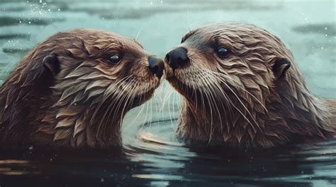 Premium Photo Two Otters Kiss In The Water