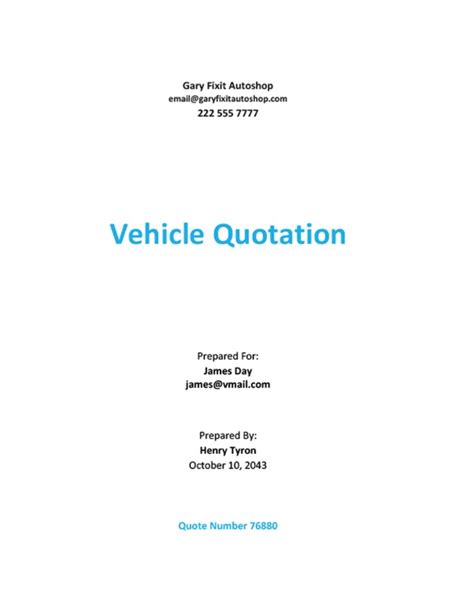 Sample Vehicle Quotation Template PreWrite