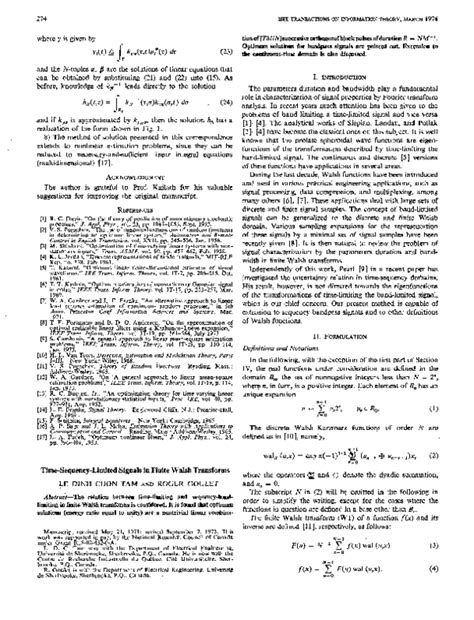 Pdf Time Sequency Limited Signals In Finite Walsh Transforms Corresp