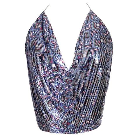 Whiting And Davis Blue Patterned Chainmail Halter Top 1970s For Sale