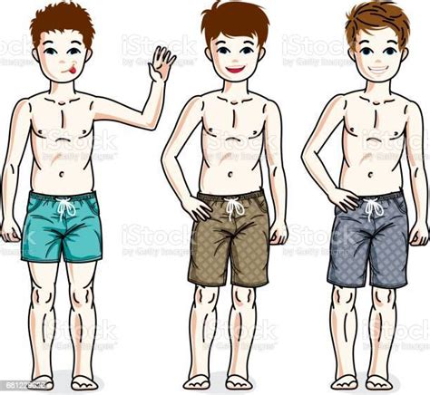 달콤한 작은 소년 젊은 십 대 서 유행 비치 반바지를 입고 벡터는 일러스트 세트 아이 유년기와 가족 생활 클립 아트입니다 교육에 대한 스톡 벡터 아트 및 기타 이미지