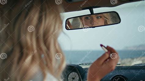 Woman Looking Car Mirror Checking Makeup Closeup Girl Correcting