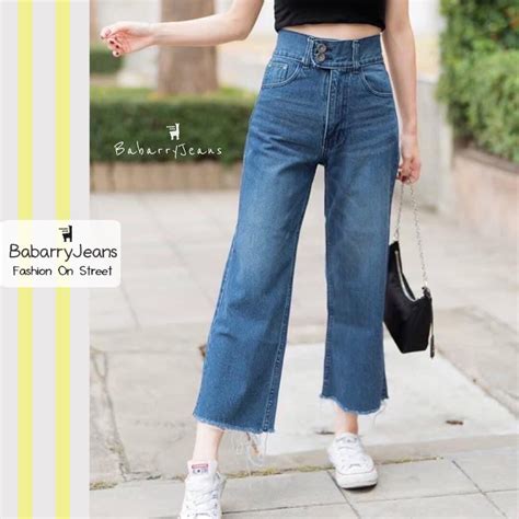 พร้อมส่ง Babarryjeans มีบิ๊กไซส์ S 5xl ยีนส์ทรงกระบอก ขาตรง เอวสูง ขาเต่อ ปลายตัด เก็บพุง กระดุม