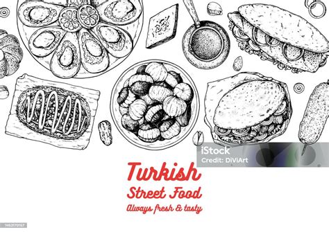 터키 음식 상위 뷰 벡터 그림입니다 음식 메뉴 디자인 서식 파일입니다 손으로 그린 스케치 터키 음식 메뉴 빈티지 스타일 미디 돌마 쿰피르 도너 케밥 발릭 에크멕 시미트 구운