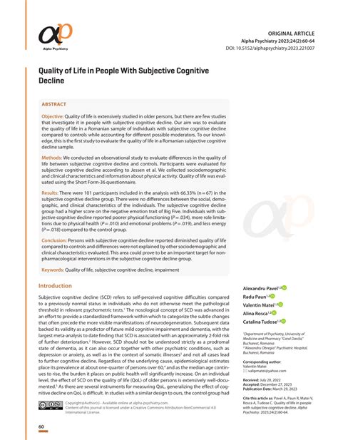 Pdf Quality Of Life In People With Subjective Cognitive Decline