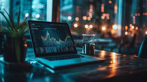 A Contemporary Workspace Features A Laptop Showcasing Various Data Analysis Charts Illuminated