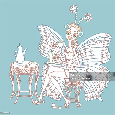 테이블에서 아침 커피를 마시는 동화 나비 여성 선형 콜로뮬 윤곽 낙서 스케치 티셔츠 프린트 성인 색칠 공부 페이지 포스터 커피