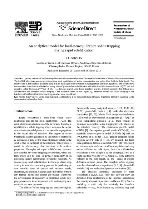 Pdf An Analytical Model For Local Nonequilibrium Solute Trapping During Rapid Solidification