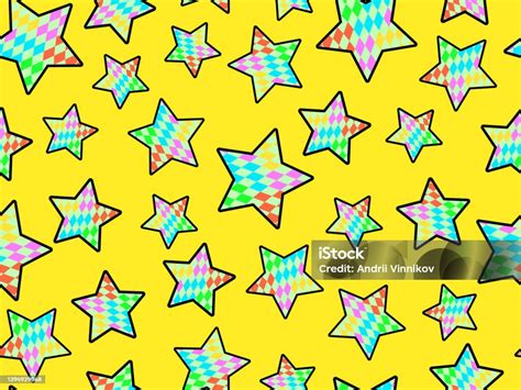 체크 무늬 패턴의 매끄러운 패턴이있는 별 사각형의 왜곡 된 여러 가지 색상의 그리드를 저장했습니다 배너 및 판촉 품목을위한 디자인 벡터 일러스트 레이 션 1980 1989