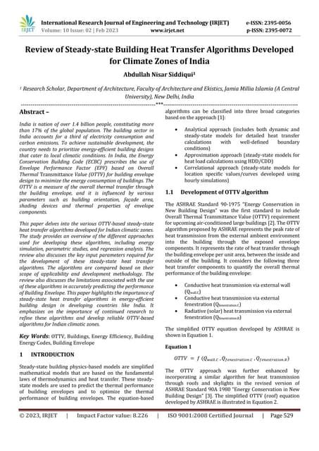 Review Of Steady State Building Heat Transfer Algorithms Developed For