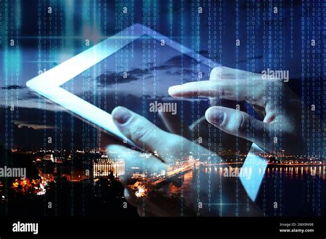 Multiple Exposure Of Female Programmer With Tablet Digital Binary Code