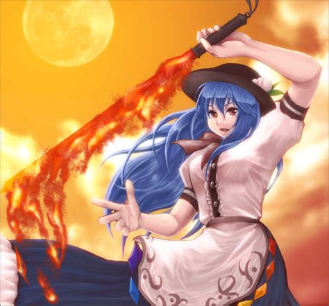 Imo Whitemilk Hinanawi Tenshi Touhou 1girl Bad Anatomy Bad Hands Blue Hair Cloud Dress