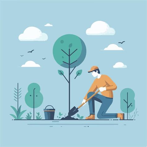 Premium Vector Illustration Of A Man Planting A Tree In A Simple Flat