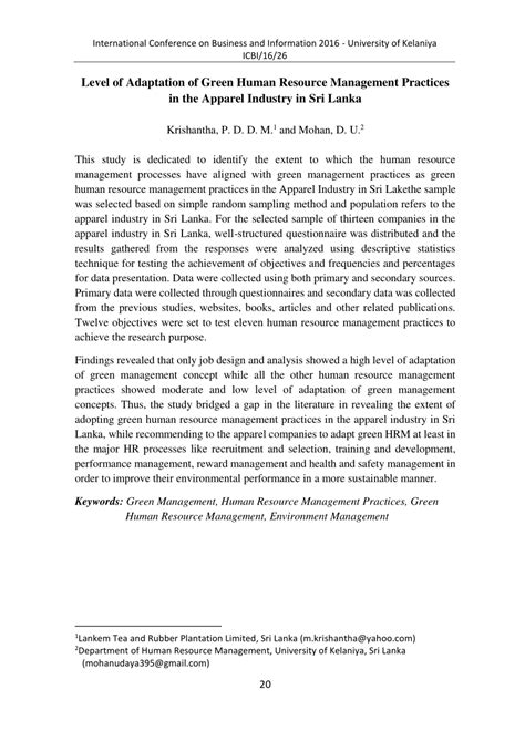 Pdf Level Of Adaptation Of Green Human Resource Management Practices In The Apparel Industry