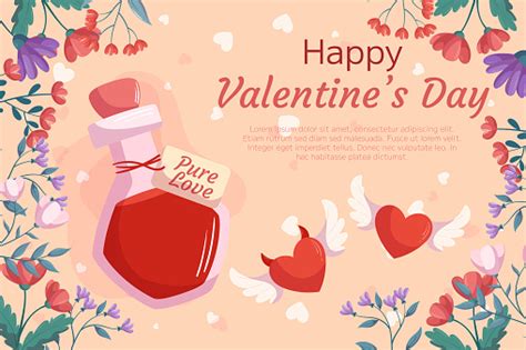 성 발렌타인 데이 배경 디자인은 날개 악마와 천사 베이지색 뒷면에 꽃 프레임이 있는 사랑의 묘약 병 두 개의 심장이 있습니다 인사말 카드 2월에 대한 스톡 벡터 아트 및