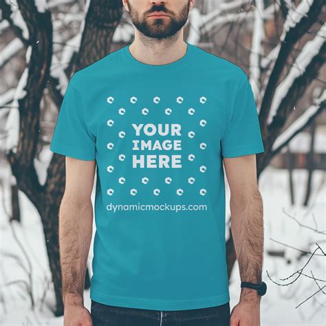 Man Wearing Teal T Shirt Mockup Front View Template 1655 Psd Use