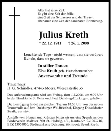 Traueranzeigen Von Julius Kreth Trauer In Nrw De
