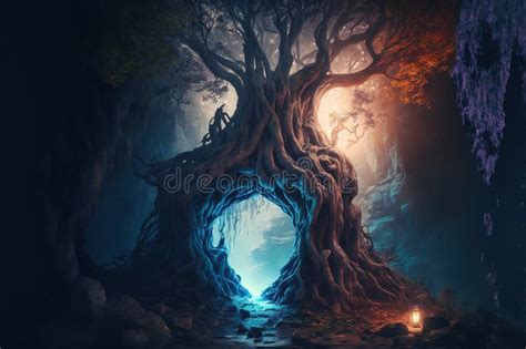 Sacred Fantasy Tree Of Life With Afterlife Portal Gate Leading To Divine Mystery Stock