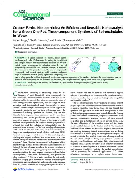 Pdf Copper Ferrite Nanoparticles An Efficient And Reusable Nanocatalyst For A Green One Pot