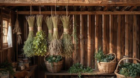 Dried Herb Bundles Hang From Wooden Beams In A Rustic Shed Stock