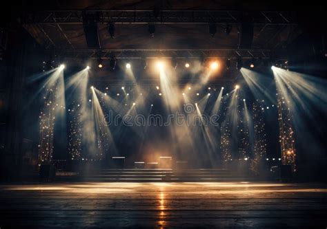 free stage with lights lighting devices shining spotlights and empty