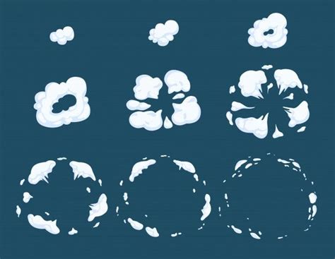 애니메이션을 분해합니다 연기 증기 먼지 또는 연기 폭탄 폭발 만화 효과 프리미엄 벡터 Animation Sketches Animation Animation