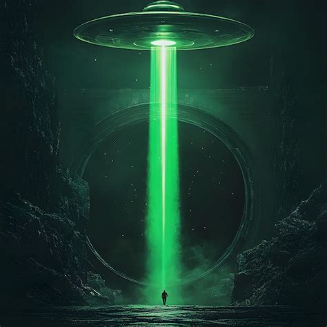 Futuristic Alien Flying Saucer With Green Neon Light 3d Rendering Premium Ai Generated Image