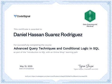 Course Certificate For Advanced Query Techniques And Conditional Logic In Daniel H Suárez