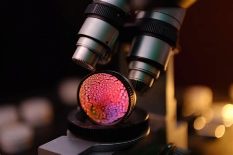 Premium Ai Image Closeup Of Microscope With Colorful Microorganisms Visible Under The Lens