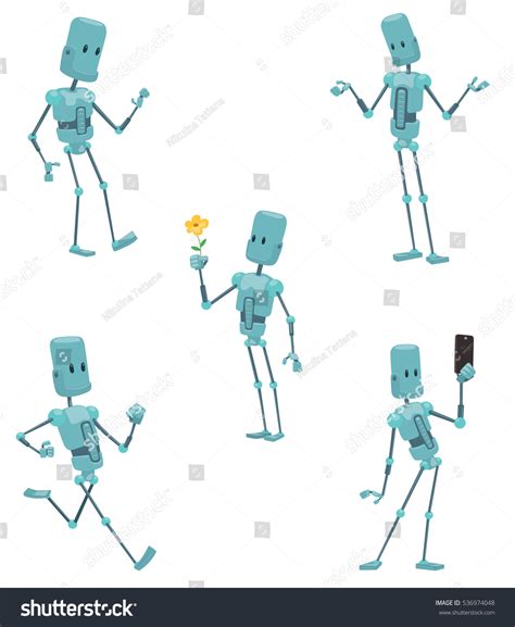 ชุดเวกเตอร์ของภาพการ์ตูนของหุ่นยนต์สีฟ้าอ่อนตลกที่มีแขนยาวและขายากับการกระทำที่แตกต่างกันบนพื้น