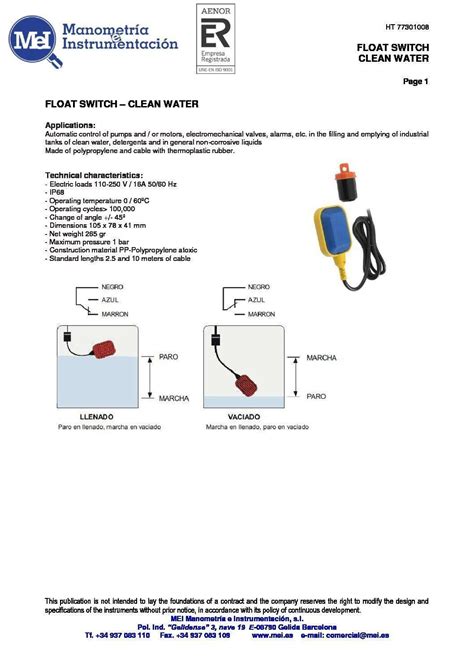 Technical Data Sheet Float Switch Clean Water Hecapo