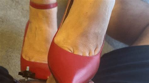 Shoejob In Red Stilettos And Ball Flattening Under Cbt Thicken Penis And Testicle Crusher Cock