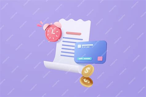 신용 카드로 3d 청구서 지불 및 온라인 쇼핑을 위한 금융 결제 시계 경고 알림이 있는 신용 카드 돈 동전으로 송장 거래 3d