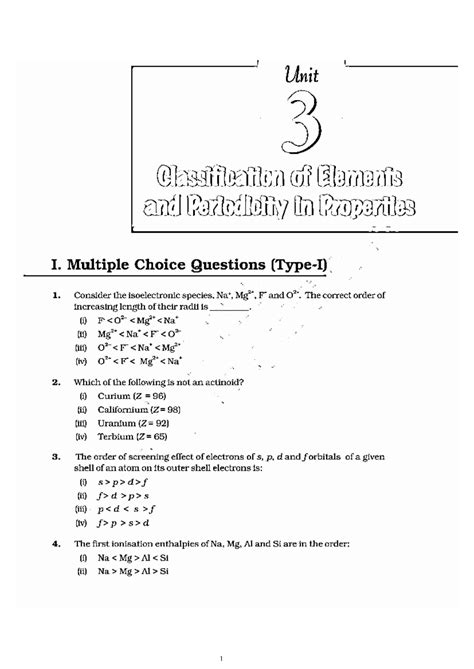 Classification Question Unit 3 Classification Of Elements And Periodicity In Properties I