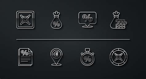 세트 라인 안전 금융 문서 머니 백 및 동전 스톱워치 퍼센트 현금 위치 첨부 및 할인 태그 아이콘 벡터 0명에 대한 스톡 벡터 아트 및 기타 이미지 Istock