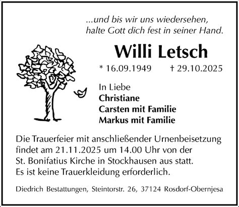 Traueranzeigen Von Willi Letsch Trauer Anzeigende