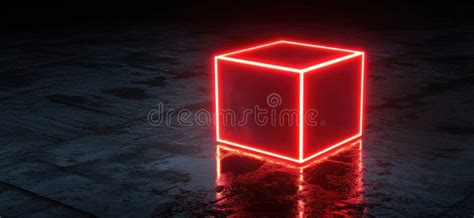Glowing Neon Cube On Reflective Surface In Dark Environment With