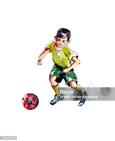 흰색 색으로 고립된 흰색 공으로 축구를 하는 파란색 유니폼을 입은 두 소년의 수채화 그림 가공의 인물에 대한 스톡 벡터 아트 및 기타 이미지 가공의 인물 경기 스포츠