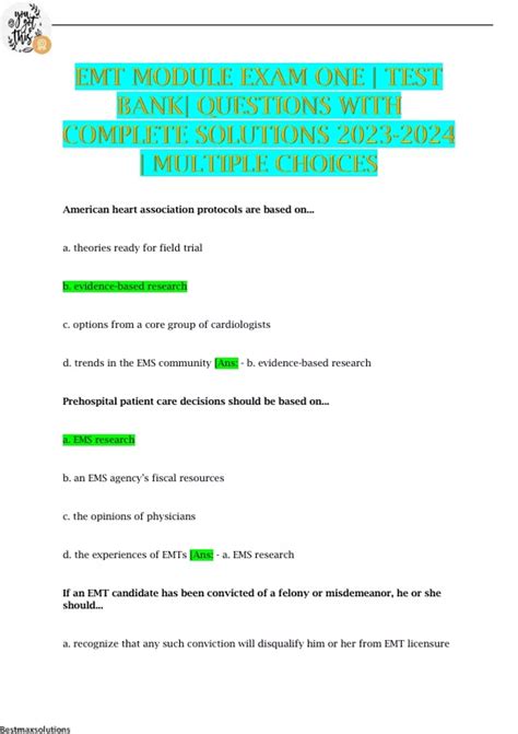 Emt Module Exam One Test Bank Questions With Complete Solutions Multiple Choices Emt