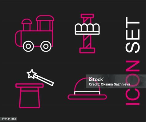 세트 라인 광대 모자 마술과 지팡이 어트랙션 회전목마와 장난감 기차 아이콘 벡터 광대 모자에 대한 스톡 벡터 아트 및 기타 이미지 광대 모자 기관차 끈적거리는
