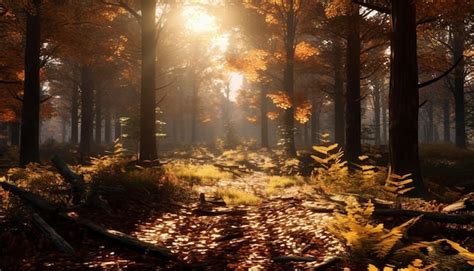 Premium Photo Tranquil Autumn Forest Vibrant Leaves Golden Sunlight And Peaceful Beauty