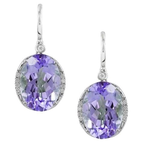 Cushion Cut Purple Amethyst And Diamond Halo Dangle Earrings In 14