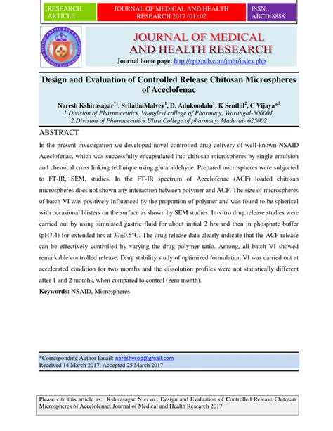 Pdf Design And Evaluation Of Controlled Release Chitosan Microspheres Of Aceclofenac