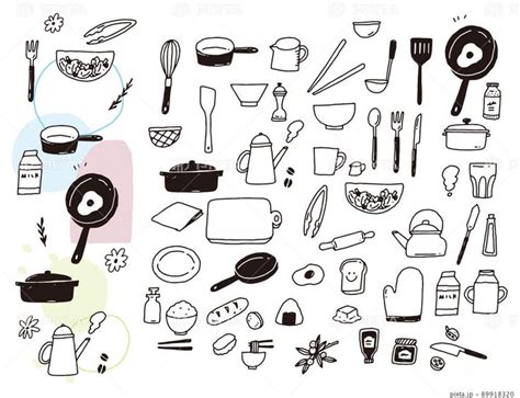 白黒モノトーン線画のイラスト 手書きオシャレファッション可愛いカフェ料理クッキングのイラスト素材 89918320