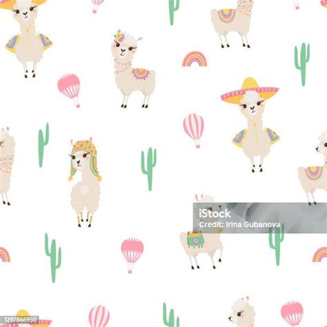 귀여운 라마 풍선 및 선인장과 매끄러운 패턴 직물 어린이 의류 벽지에 대한 재미있는 알파카 아기와 배경 벡터 일러스트레이션 열기구에 대한 스톡 벡터 아트 및 기타 이미지