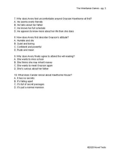 The Inheritance Games Multiple Choice Chapter Quiztest Assessments