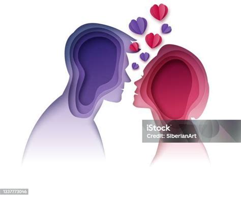 서로를 바라보는 남자 여자 벡터 종이 컷 일러스트레이션 연인의 부부 로맨틱 한 관계 사랑 열정 3차원 형태에 대한 스톡 벡터 아트 및 기타 이미지 Istock