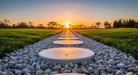 Peaceful Sunrise Garden Pathway With Stepping Stones Stock Illustration