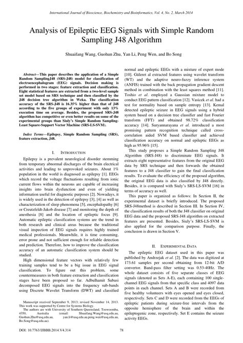 Pdf Analysis Of Epileptic Eeg Signals With Simple Random Sampling J48 Algorithm